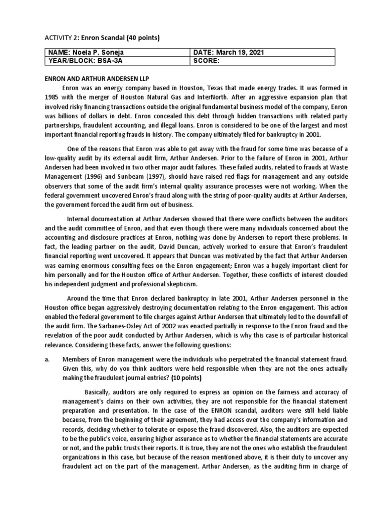 BSA 3A ACTIVITY 2 - Enron Scandal | PDF | Financial Audit | Enron