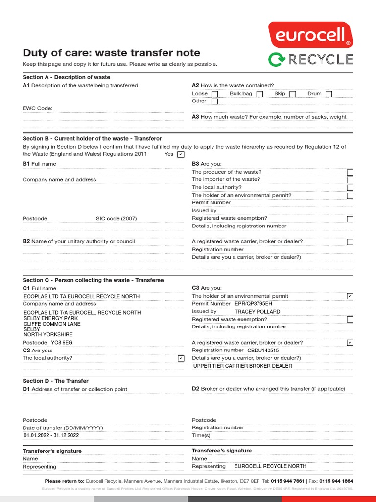 Eurocell Recycle NORTH Waste Transfer Note (Deliveries) 2022 | PDF