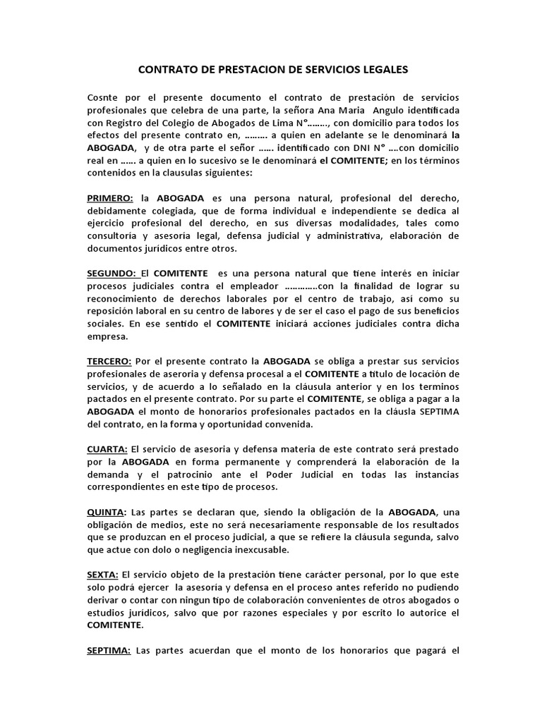 Contrato de Prestacion de Servicios Legales | PDF | Derecho laboral ...