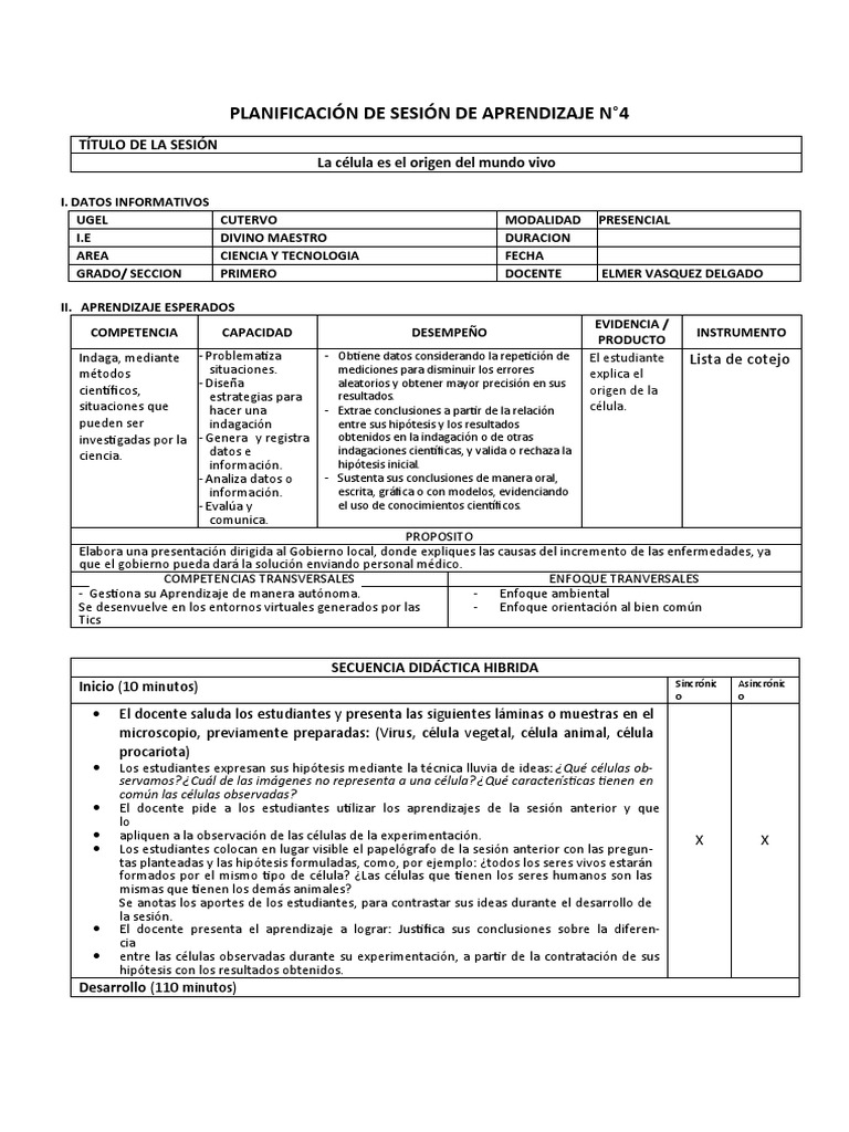 Planificación de Sesión de Aprendizaje N°4: Título de La Sesión La ...
