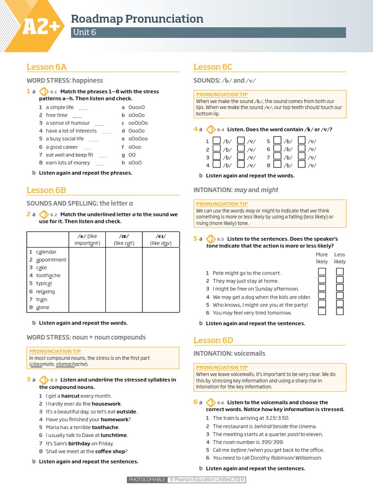 ROADMAP A2+ Pronunciation Worksheet Unit | PDF | Stress (Linguistics ...