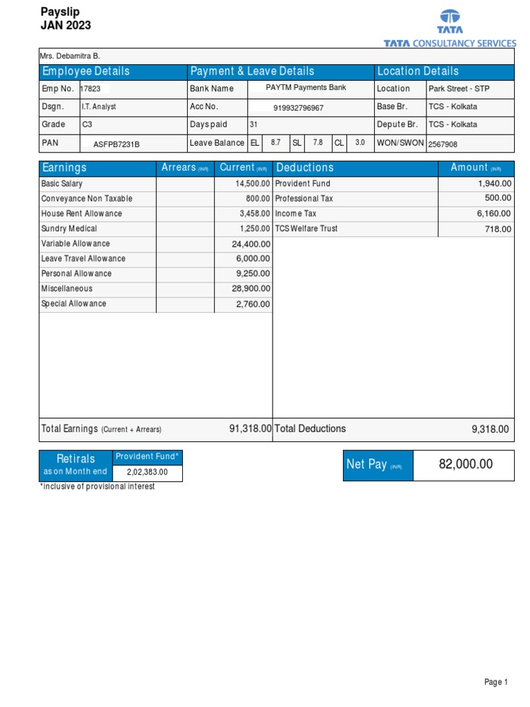 TCS Salary Slip Overview for 2023 | PDF | Taxes | Tax Deduction