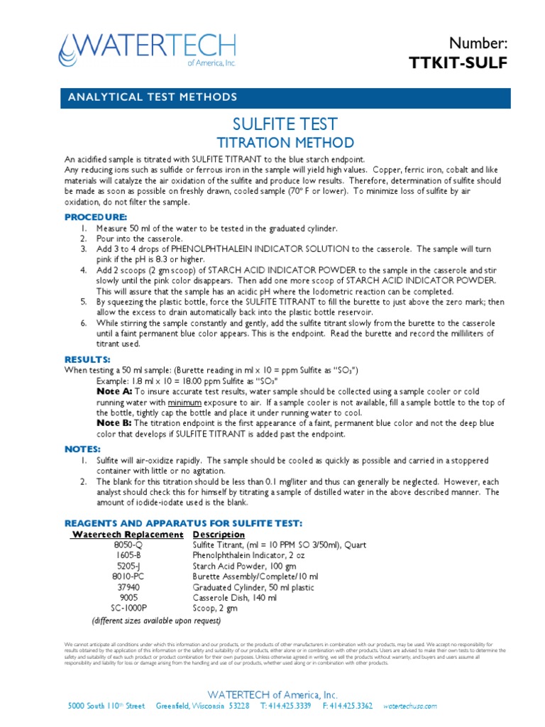 Sulfite Test: Ttkit-Sulf | Download Free PDF | Titration | Chemistry
