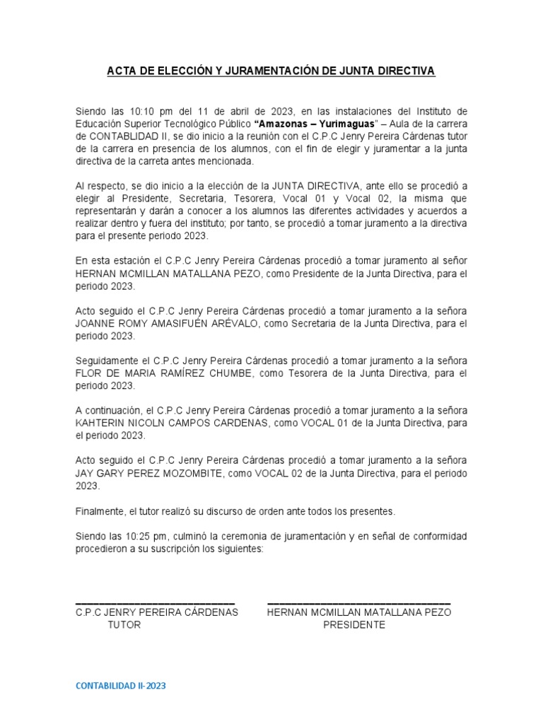 Acta de Elección Y Juramentación de Junta Directiva: Contabilidad Ii-2023 | PDF