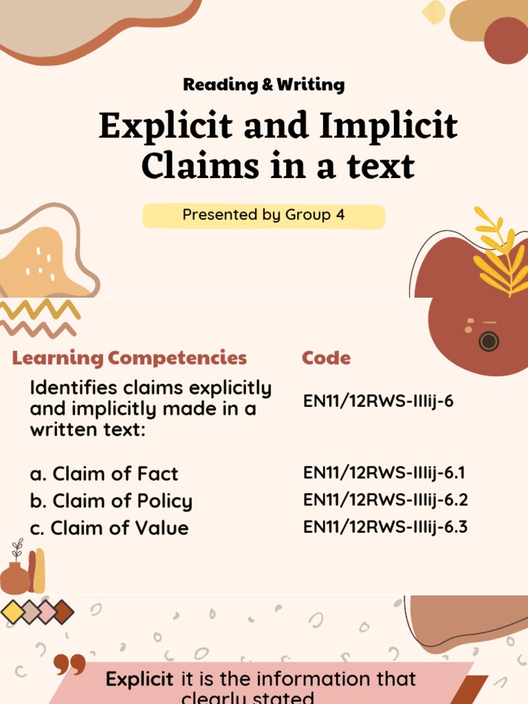 Explicit and Implicit Claims in A Text: Reading & Writing | PDF
