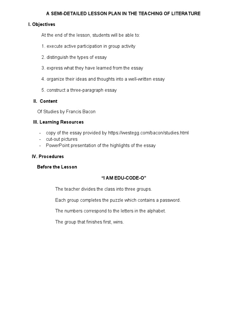 A Semi-Detailed Lesson Plan in The Teaching of Literature I. Objectives | PDF | Essays | Reading ...
