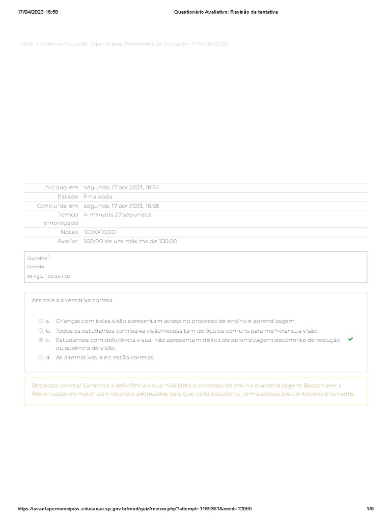 Questionário Avaliativo - Módulo 1 - Deficiência Visual - EFAPE - Deficiências | PDF ...