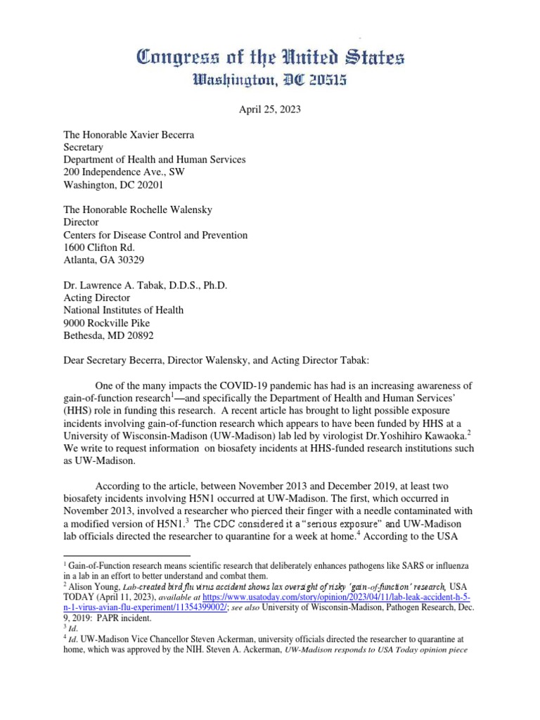 04.25.23 Gallagher Johnson Et Al Letter to HHS on UW GOF Lab Incident ...