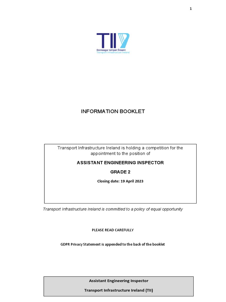 TII Information Booklet Assistant Engineering Inspector | PDF | Pension | Recruitment