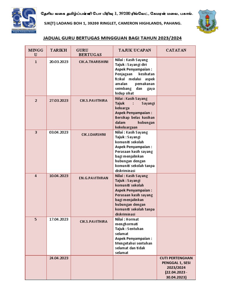 Jadual Guru Bertugas Mingguan 2023 2024 | PDF