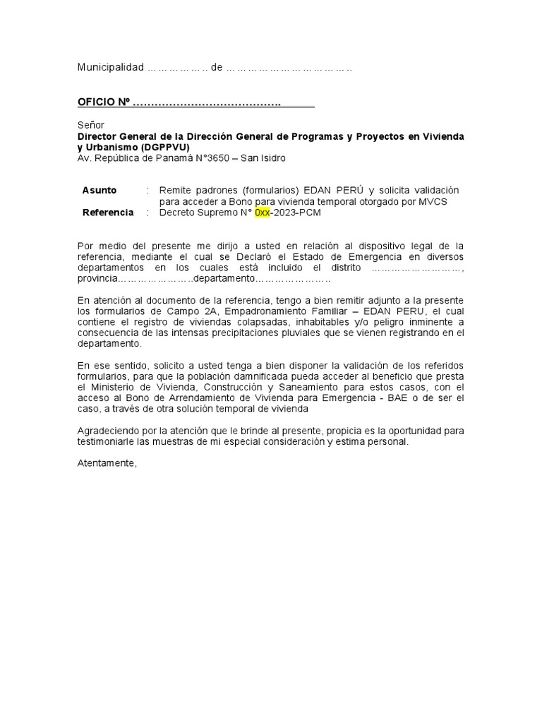 Modelo de Oficio Al MVCS - Remitiendo EDAN | PDF