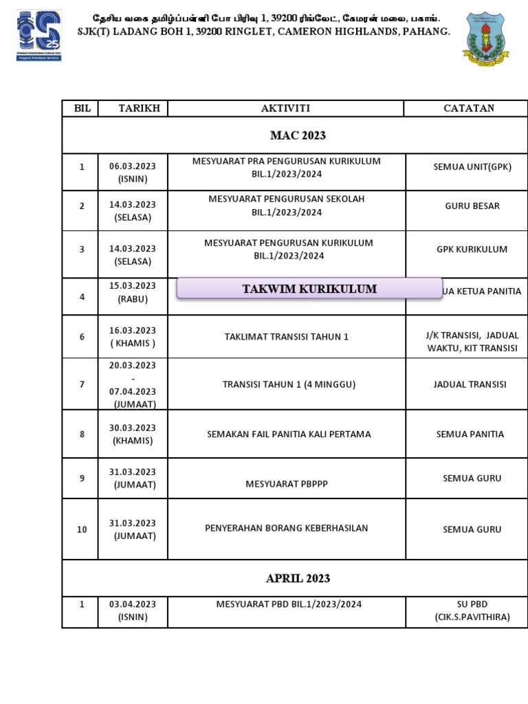Takwim Kurikulum 2023 224 | PDF