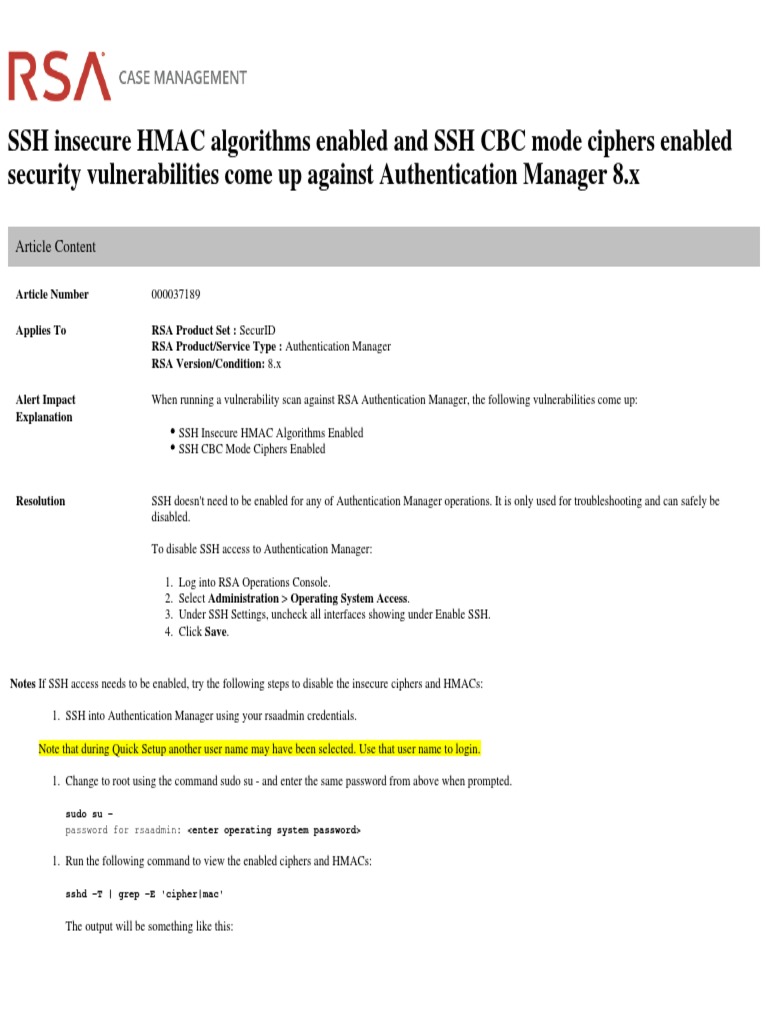 SSH Insecure HMAC Algorithms Enabled and SSH CBC Mode Ciphers Enabled Security Vulnerabilities ...
