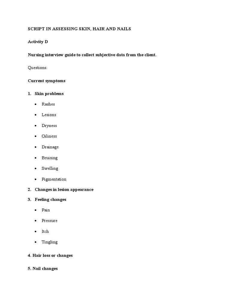 Script in Assessing Skin, Hair and Nails Activity D Nursing Interview ...