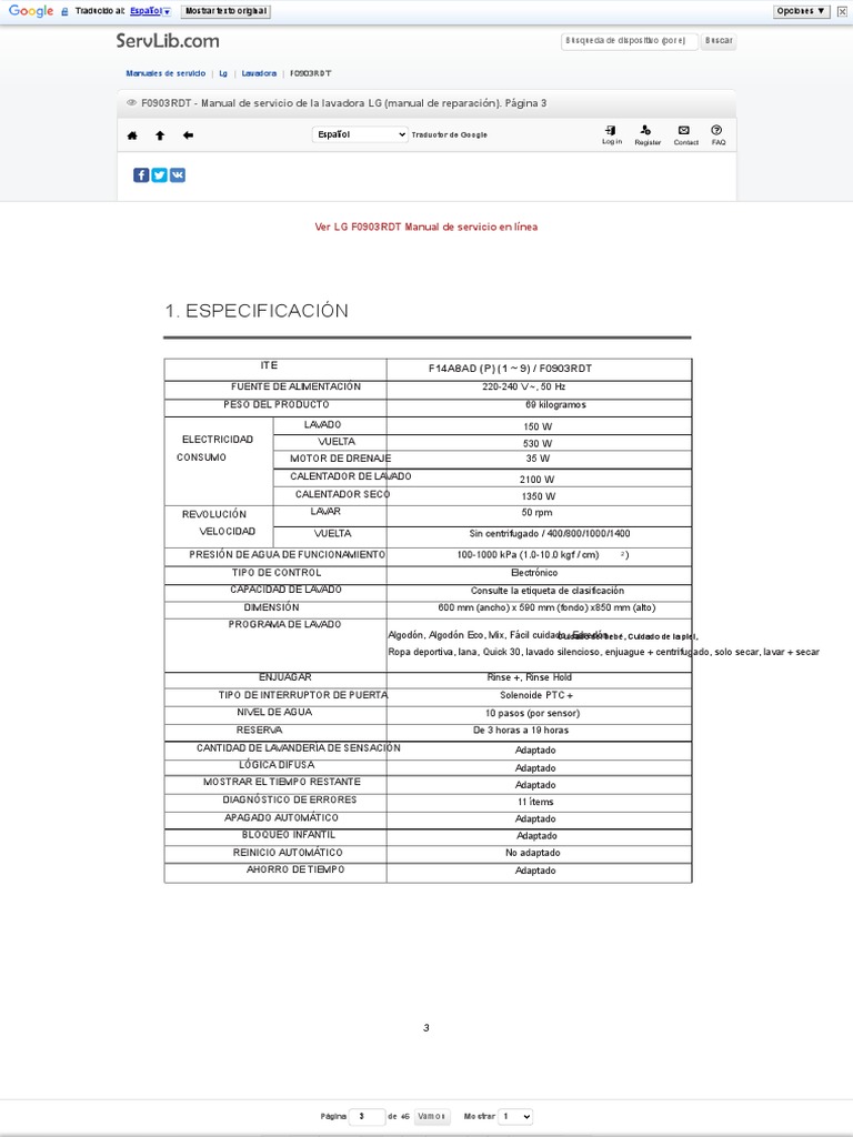 Manual de servicio de lavadora LG modelo F0903RDT: especificaciones y programas de lavado | PDF ...