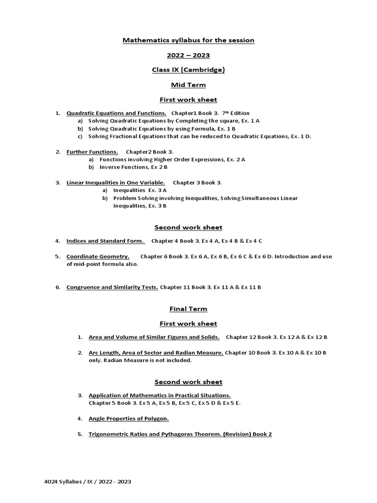 Class IX Cambridge Maths Syllabus 2023 | PDF | Teaching Methods ...