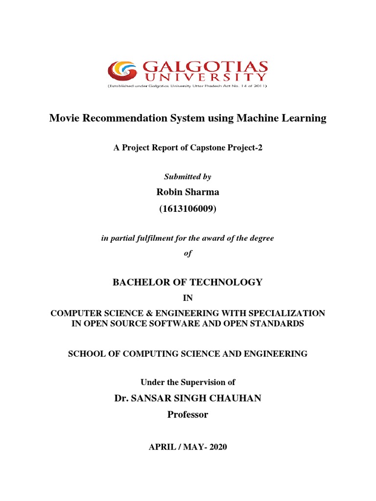 Movie Recommendation System Using Machine Learning: Robin Sharma (1613106009) | Download Free ...