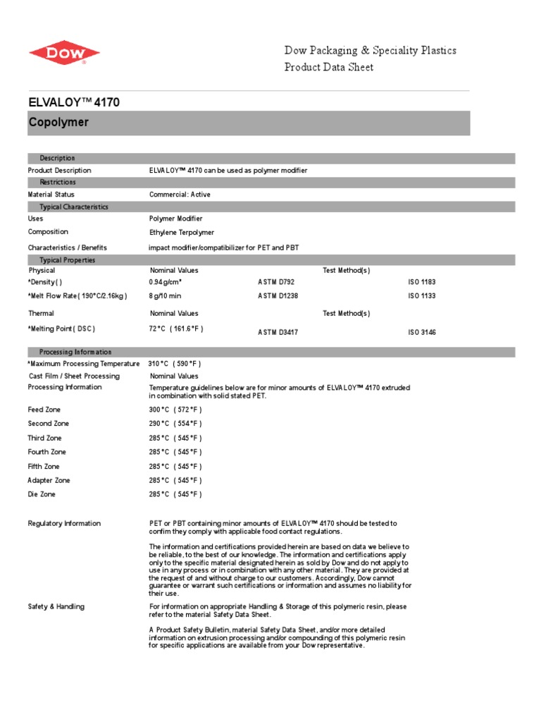 1598288810-Elvaloy-4170-TDS---Dow (1) | PDF | Dow Chemical Company | Safety