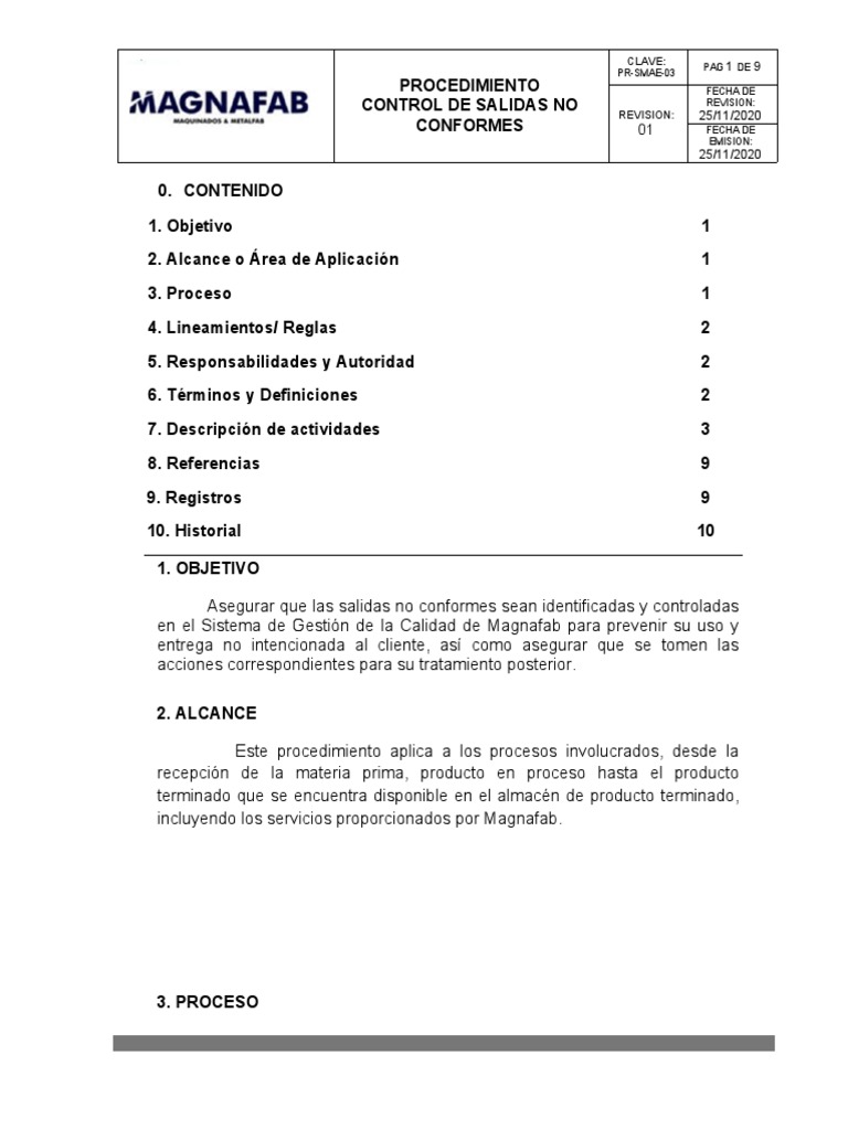 PR-SMAE-03 Control de Salidas No Conformes Rev01 | PDF