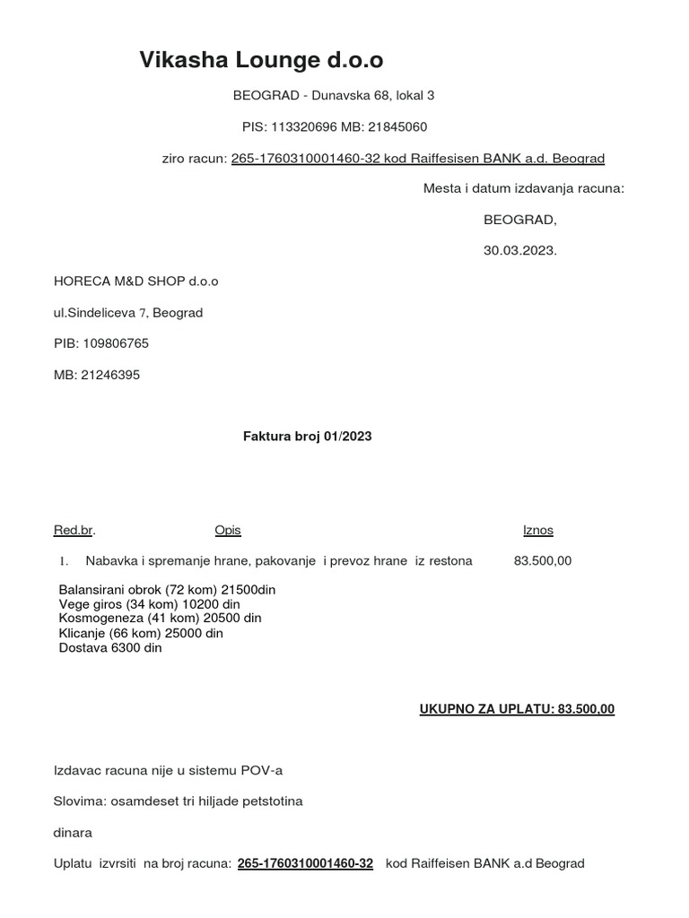 Vikasha Lounge D O.o: Faktura Broj 01/2023 | PDF