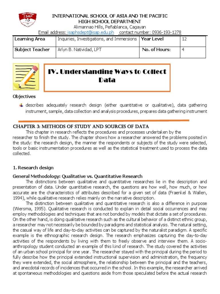 IV. Understanding Ways To Collect Data: Isaphsdept@isap - Edu.ph | PDF ...