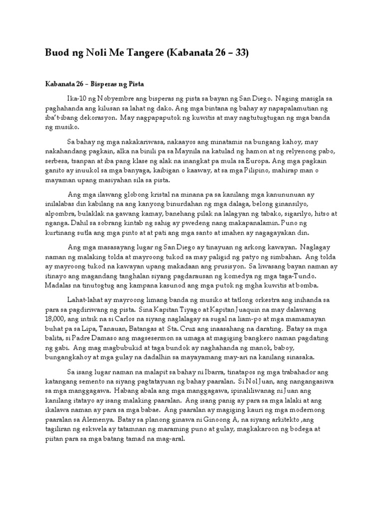 Buod NG Noli Me Tangere (Kabanata 26 - 33) | PDF
