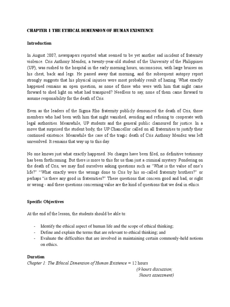 Chapter 1: The Ethical Dimension of Human Existence 12 Hours (9 Hours ...