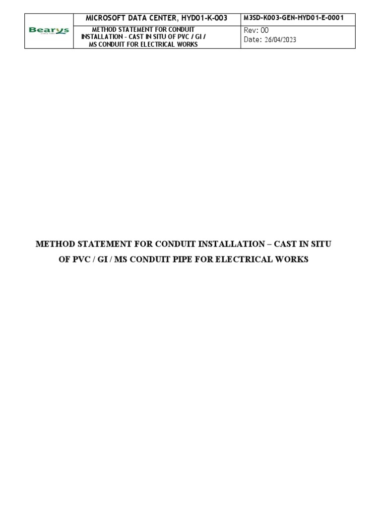 Method Statement For Conduit Installation - Cast in Situ of PVC / Gi / Ms Conduit Pipe For ...
