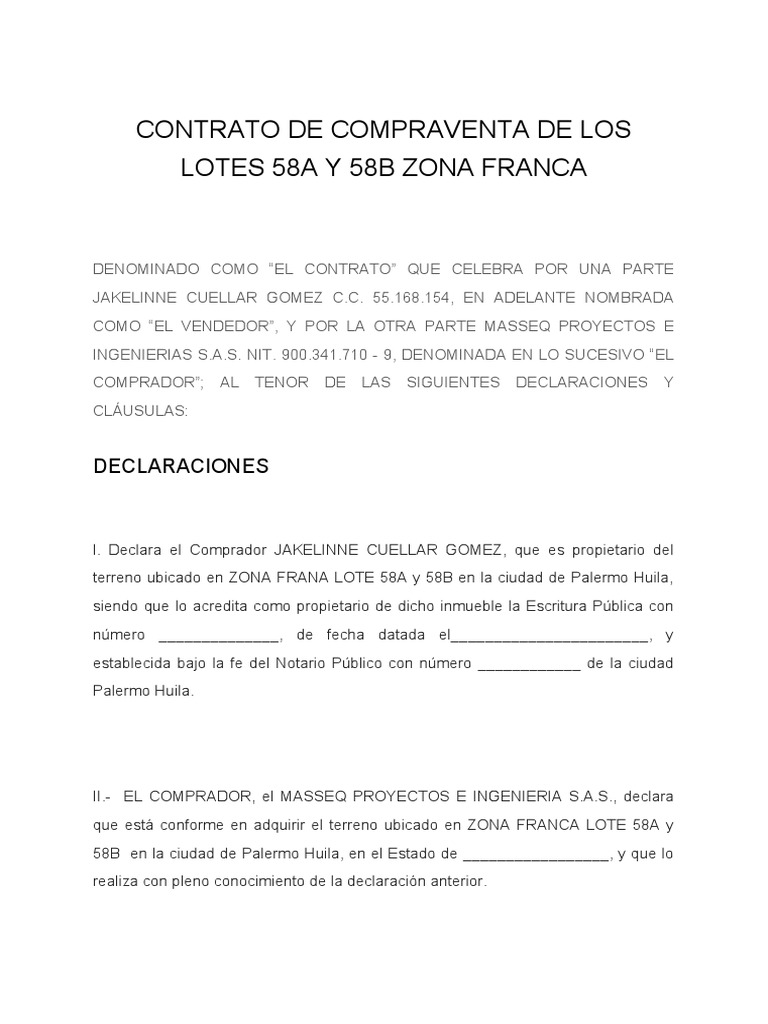 Contrato de Compraventa de Los Lotes 58A Y 58B Zona Franca ...