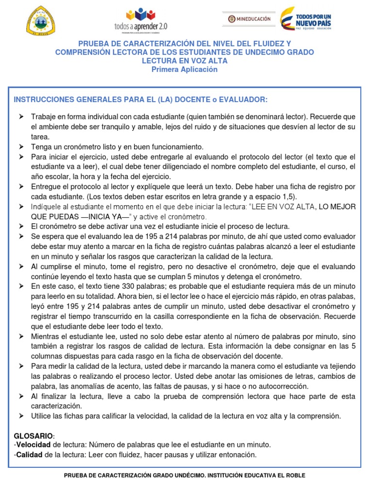 Prueba de Fluidez y Comprensión Lectora | PDF | Comprensión lectora ...