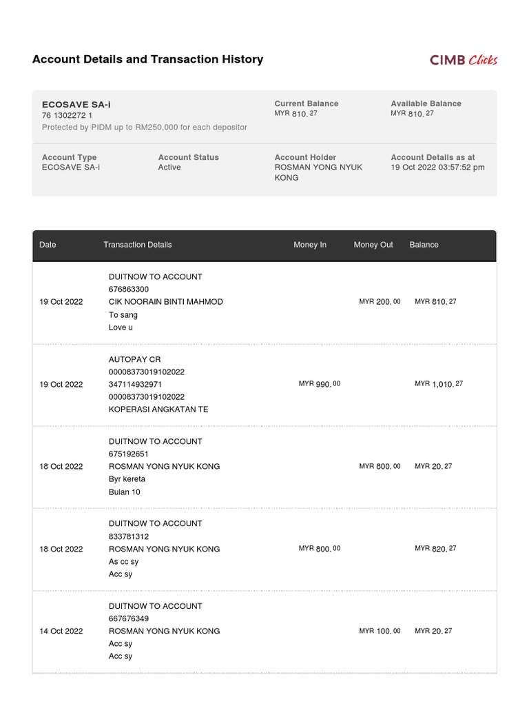 Account Details and Transaction History: Ecosave Sa-I | PDF