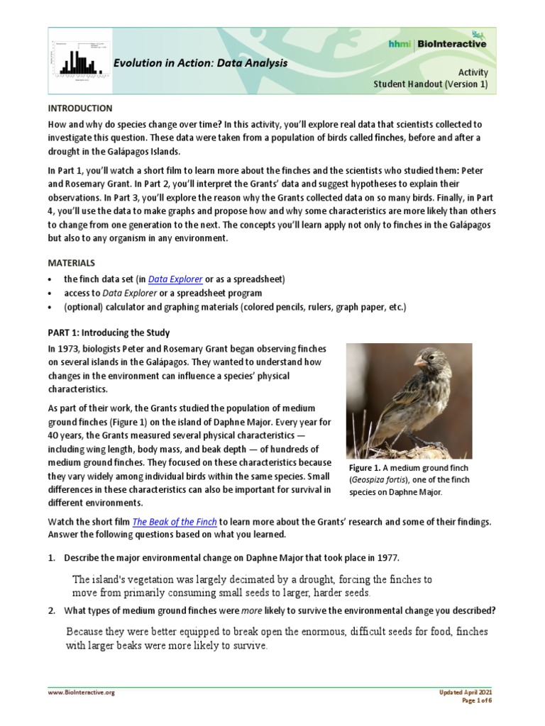 Evolution in Action: Data Analysis: Finches, Before and After A | PDF