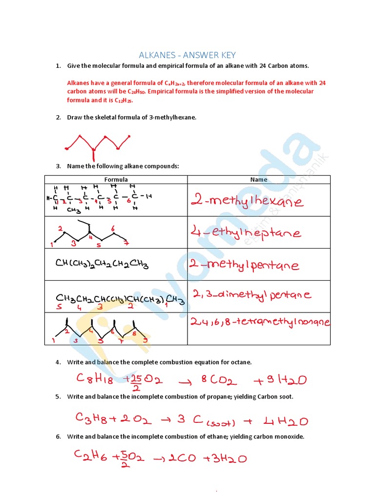 Alkanes - Answer Key | PDF | Alkane | Chemical Reactions