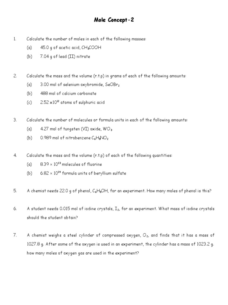 Chem Mole Practice Worksheet 2 | PDF