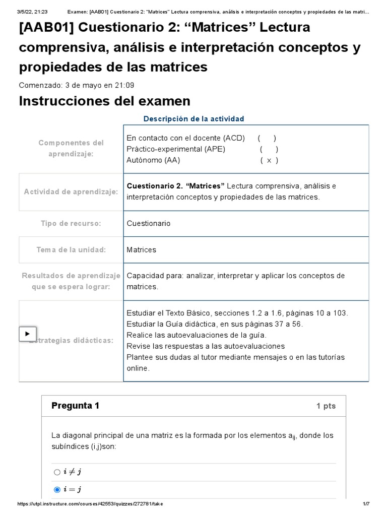 AR ALG Examen - (AAB01) Cuestionario 2 - "Matrices" Lectura Comprensiva, Análisis e ...