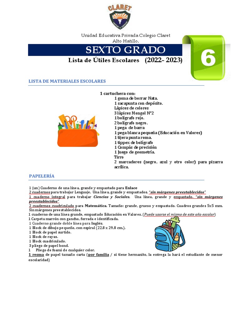 6to Grado Lista de Utiles Escolares 2022 2023 | PDF | Zapato | Moda
