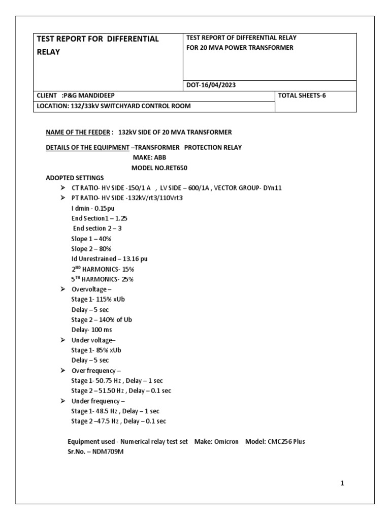 RET 650 REPORT - 132kV CRP | PDF | Transformer | Voltage