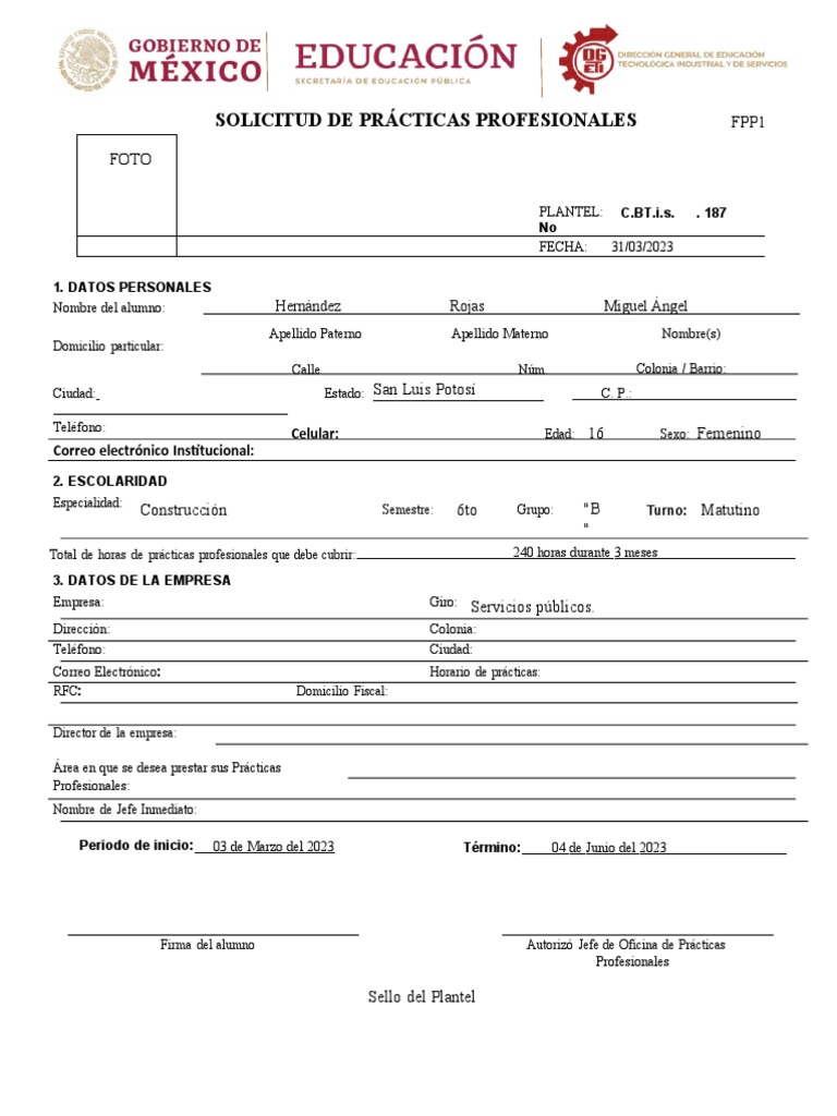 Solicitud de Prácticas Profesionales: Foto Fpp1 | PDF