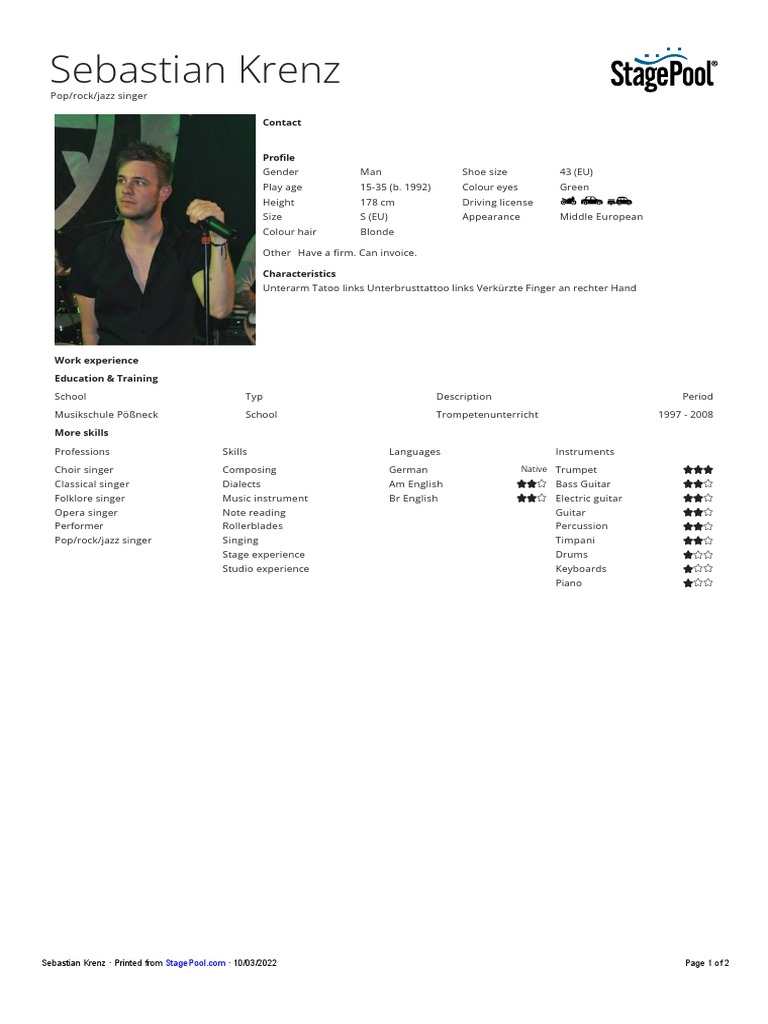 Sebastian Krenz: Profile Overview | PDF | Singing | Music Industry