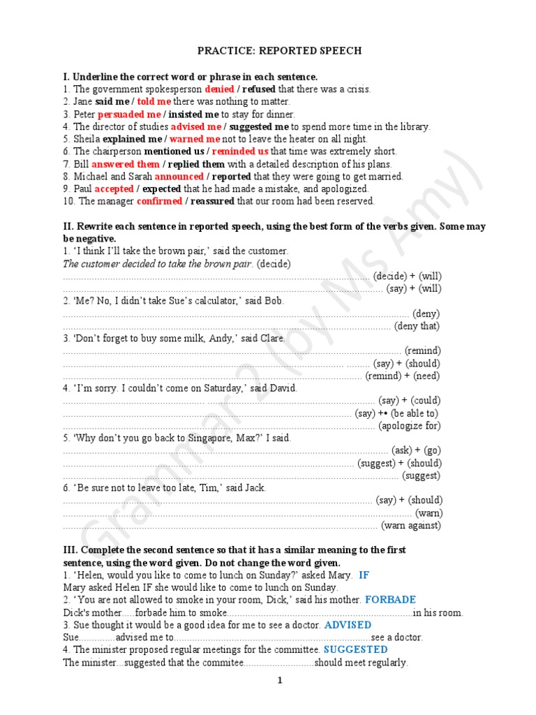 B2 Reported Speech Practice Exercises | PDF