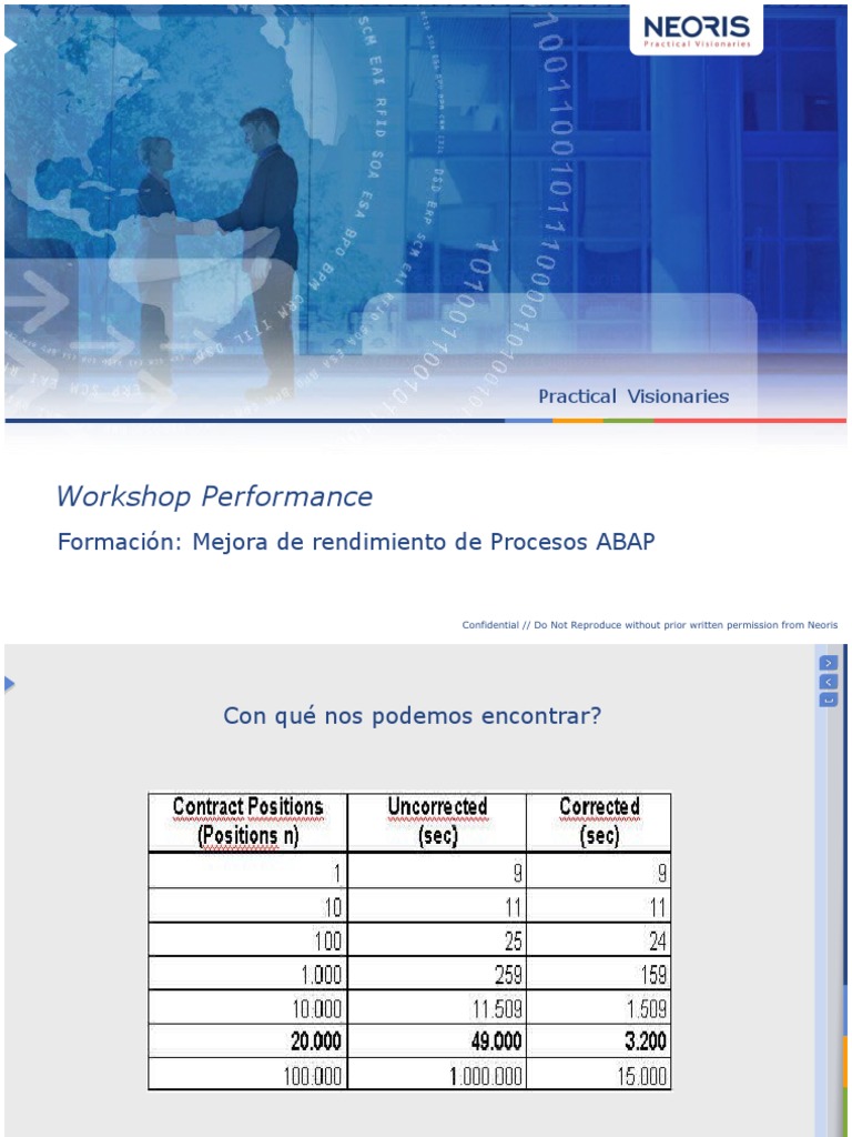 Workshop Performance: Formación: Mejora de Rendimiento de Procesos ABAP | PDF | SQL | Ingeniería ...