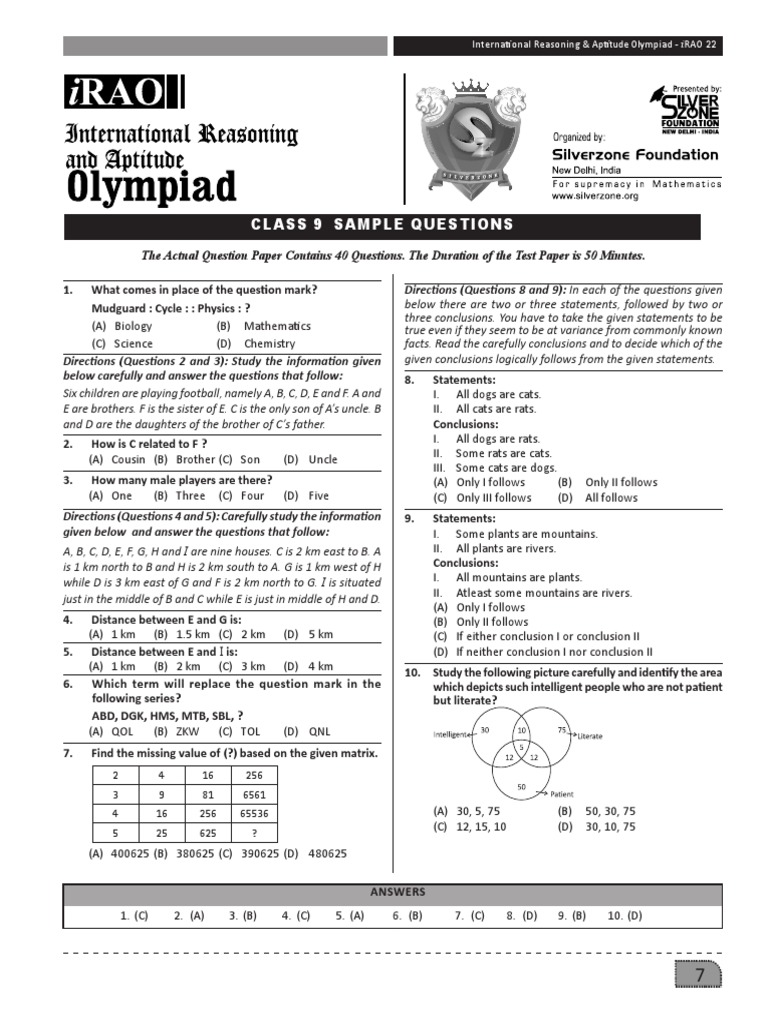 Class 9 Sample Questions: International Reasoning & Aptitude Olympiad - iRAO 22 | PDF ...
