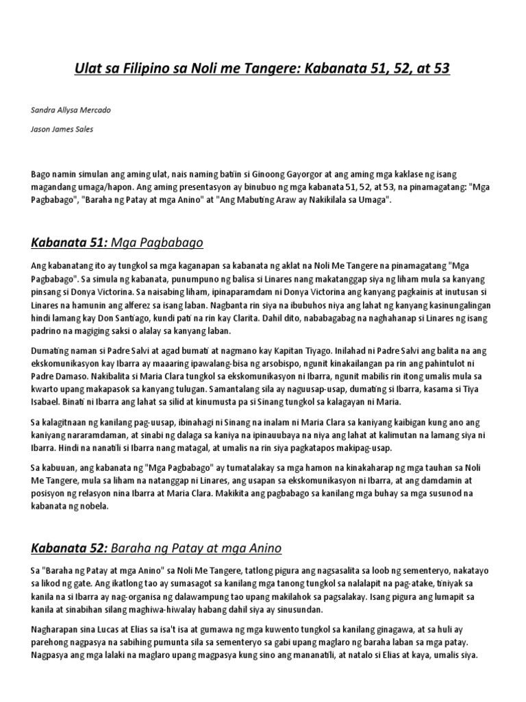 Filipino 9 Report Noli Me Tangere Kabanata 51-53 | PDF