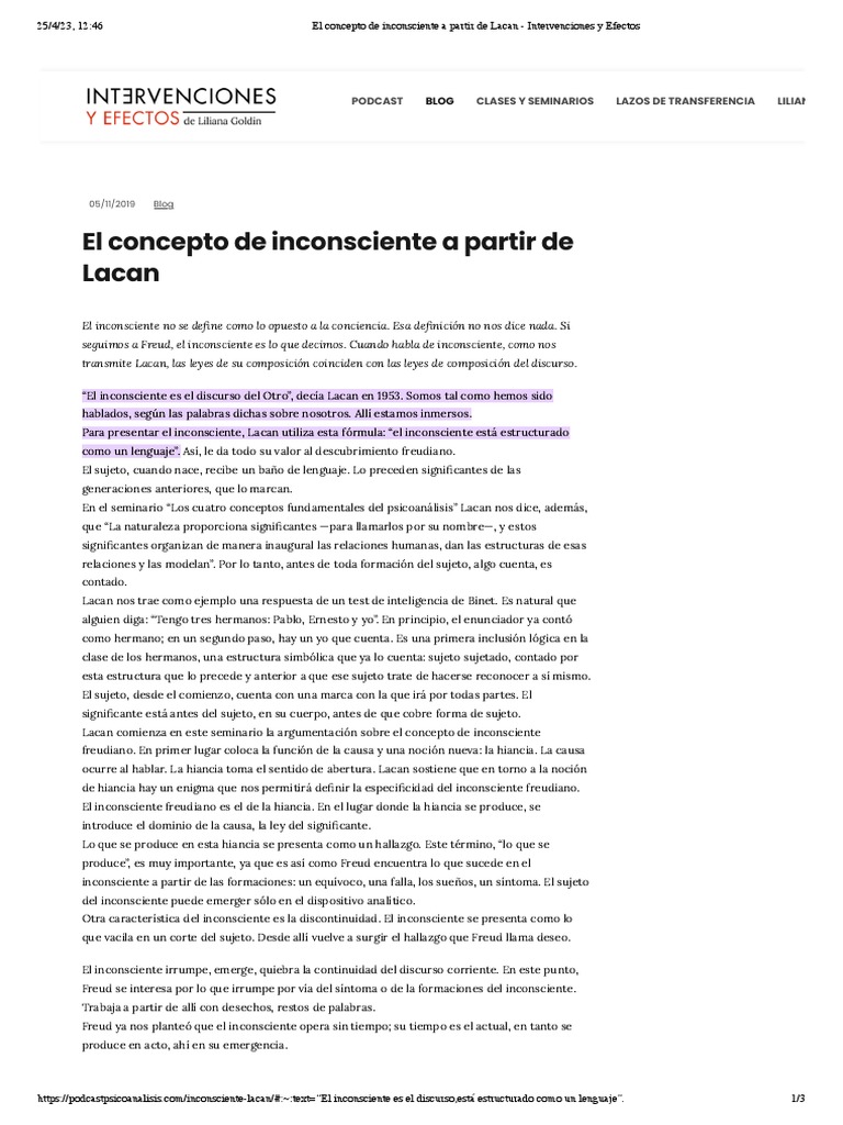 El Concepto de Inconsciente A Partir de Lacan - Intervenciones y Efectos | PDF | Mente ...