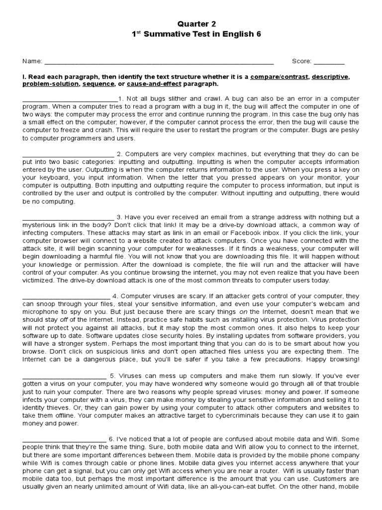 Q2 1st Summative Test in English 6 | PDF | Computer Virus | Internet