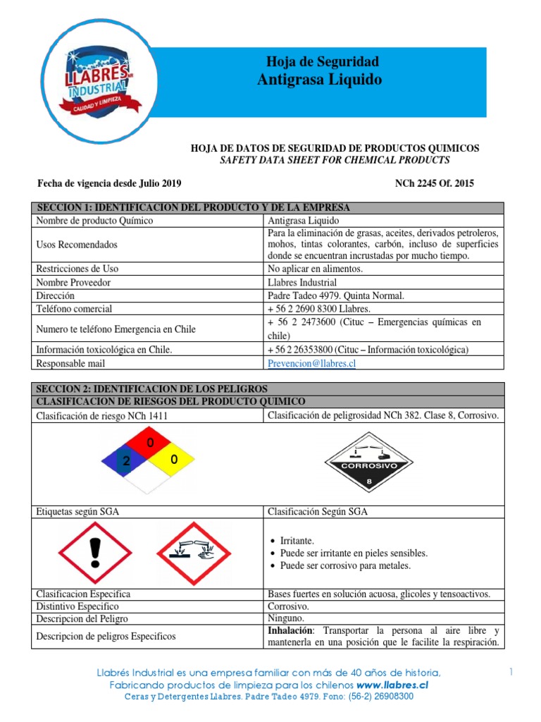 Hoja de Seguridad Antigrasa Liquido | PDF | Agua | Toxicidad