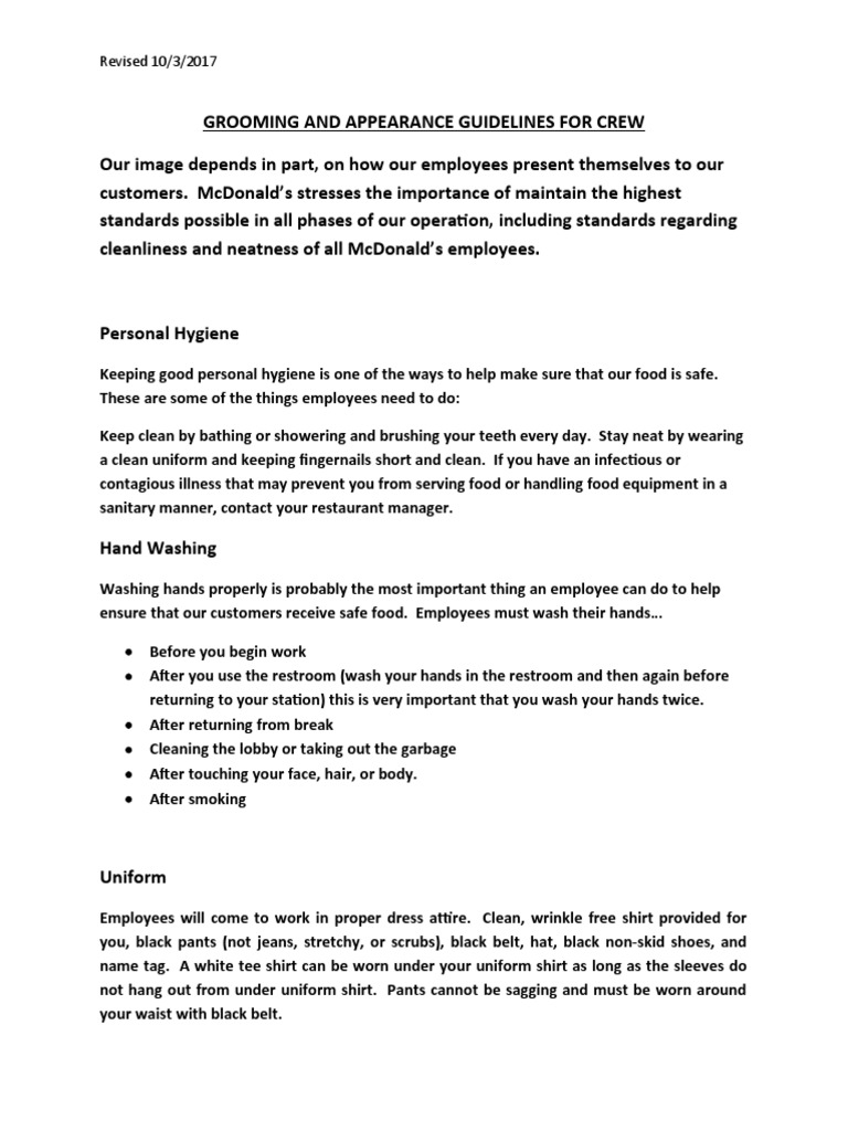 McDonald's Grooming and Appearance Policy | PDF | Hygiene | Human ...