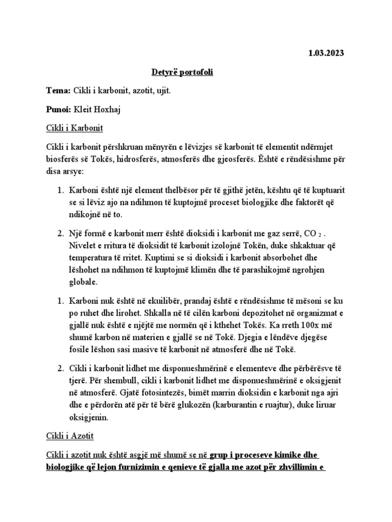 1.03.2023 Detyrë Portofoli Tema: Cikli I Karbonit, Azotit, Ujit. Punoi ...