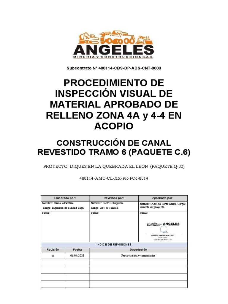 Procedimiento de Inspección Visual de Material Aprobado de Relleno Zona 4A Y 4-4 en Acopio | PDF ...