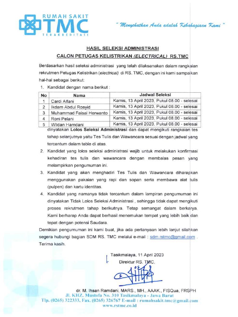 Pengumuman Hasil Seleksi Administrasi Calon Petugas Kelistrikan | PDF Pengumuman Hasil Seleksi Administrasi Calon Petugas Kelistrikan | PDF